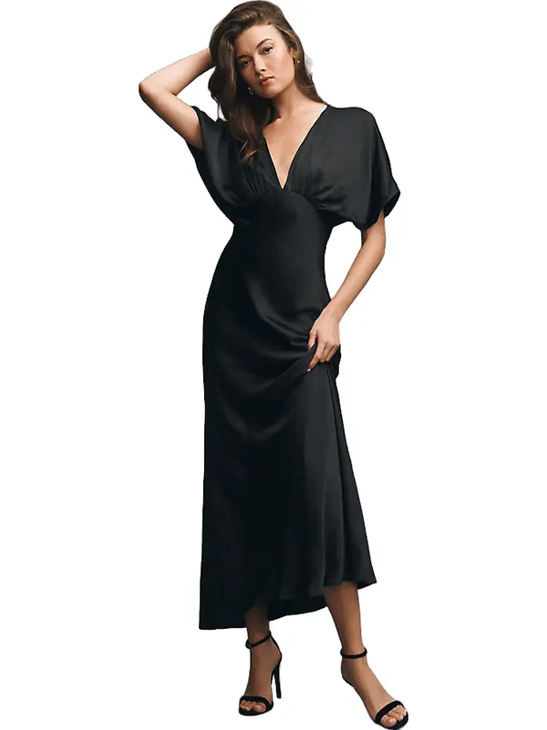 Bhldn Amelia Deep-v Flutter-sleeve Satin A-line Gown - Black