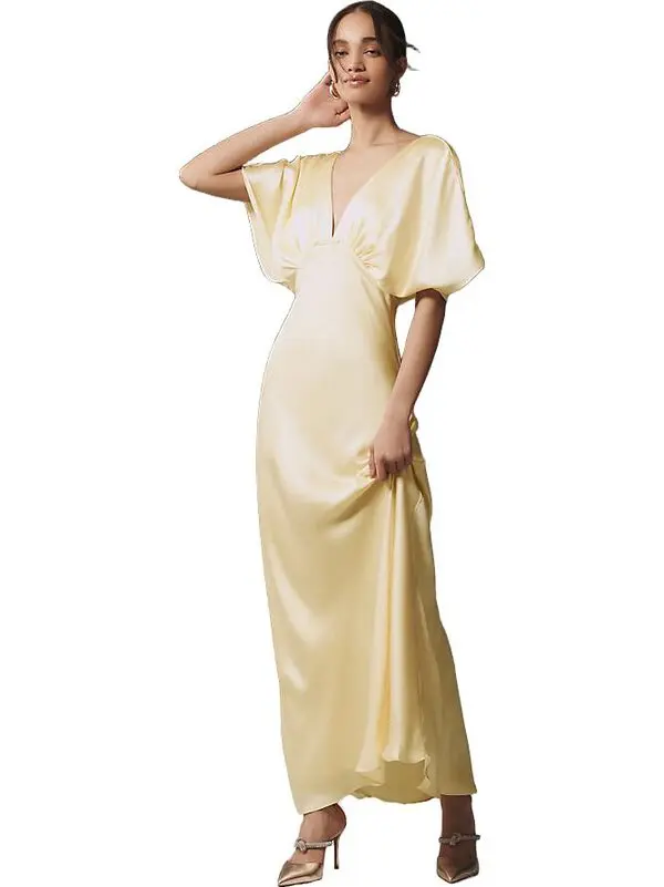Bhldn Amelia Deep-v Flutter-sleeve Satin A-line Gown - Butter Yellow