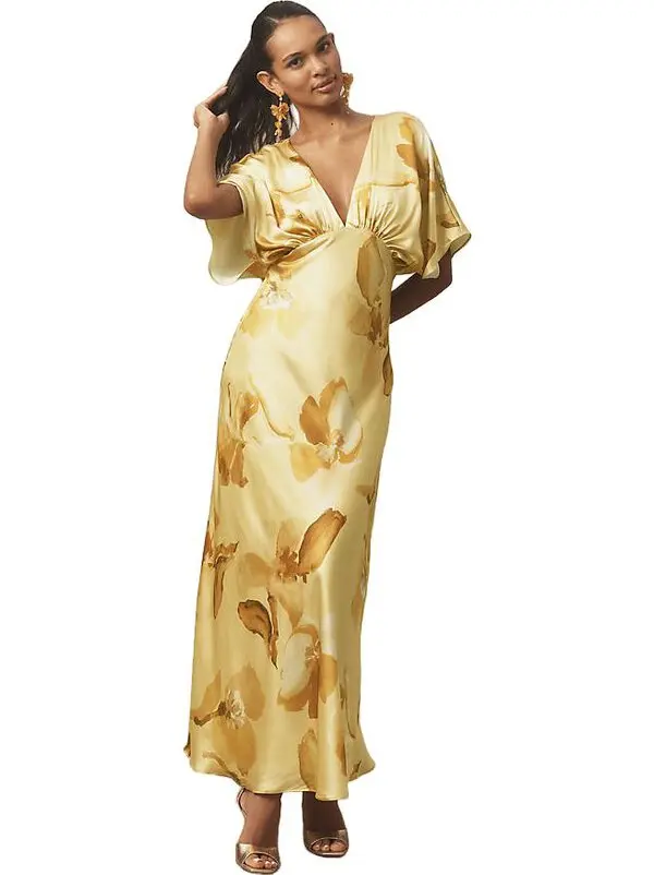 Bhldn Amelia Deep-v Flutter-sleeve Satin A-line Gown - Golden Painted Floral
