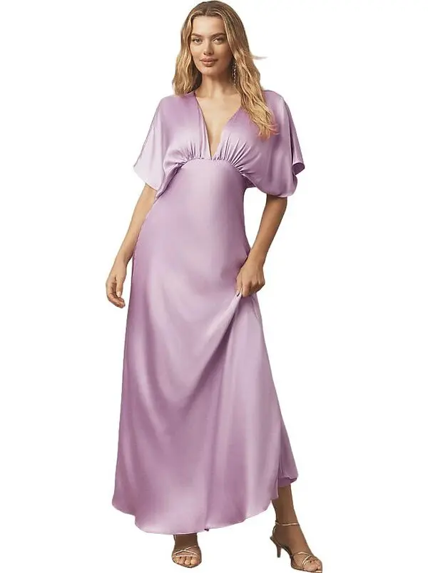 Bhldn Amelia Deep-v Flutter-sleeve Satin A-line Gown - Light Lilac