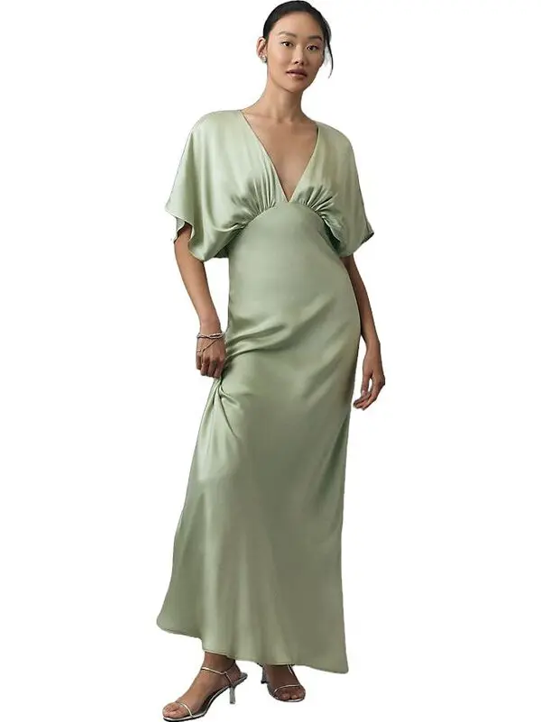 Bhldn Amelia Deep-v Flutter-sleeve Satin A-line Gown - Sage Green