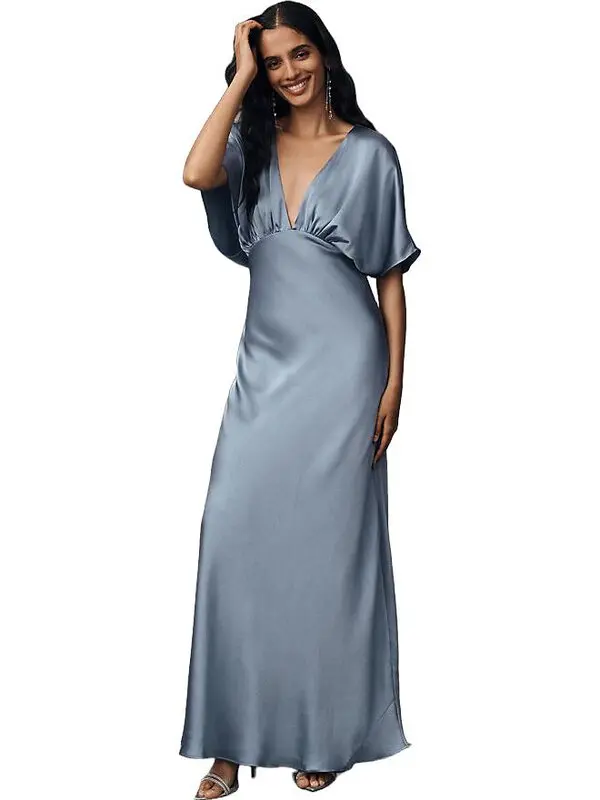 Bhldn Amelia Deep-v Flutter-sleeve Satin A-line Gown - Steel Blue