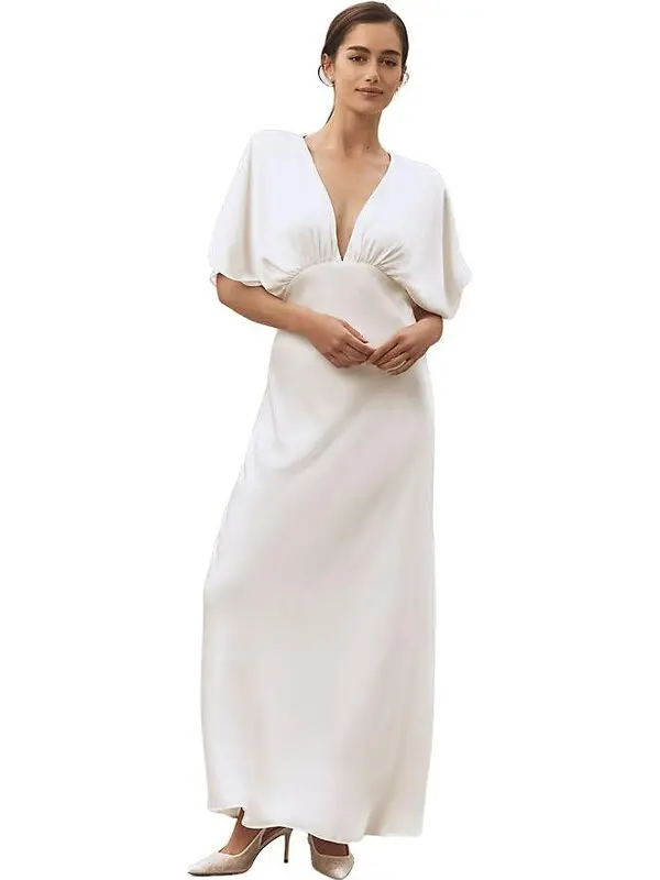 Bhldn Amelia Deep-v Flutter-sleeve Satin A-line Gown - White