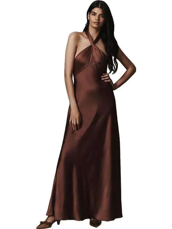 Bhldn Selma Halter-neck Satin Maxi Dress - Chocolate