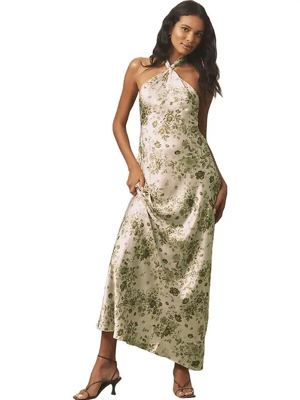 Bhldn Selma Halter-neck Satin Maxi Dress - Olive Green Chinoiserie