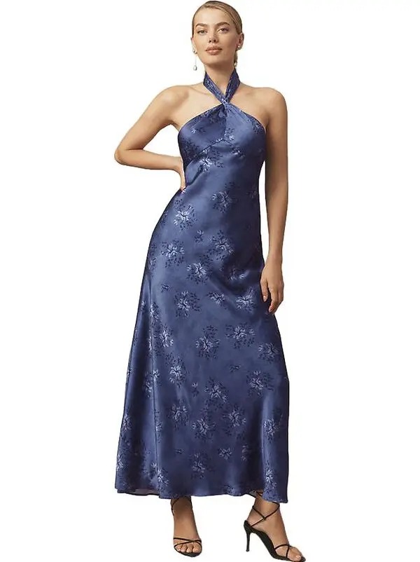 Bhldn Selma Halter-neck Satin Maxi Dress - Twilight Blue Floral