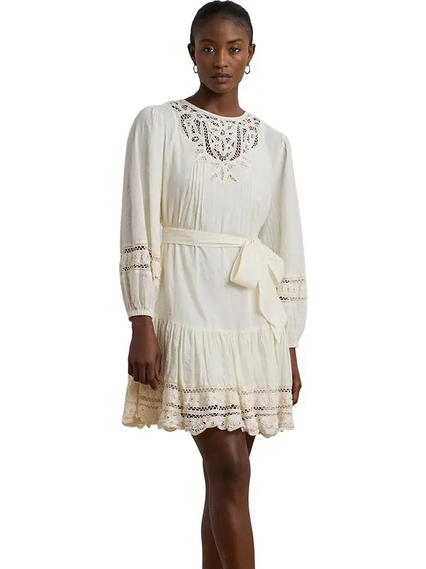Ralph Lauren Lace-trim Belted Cotton Voile Dress - Mascarpone Cream