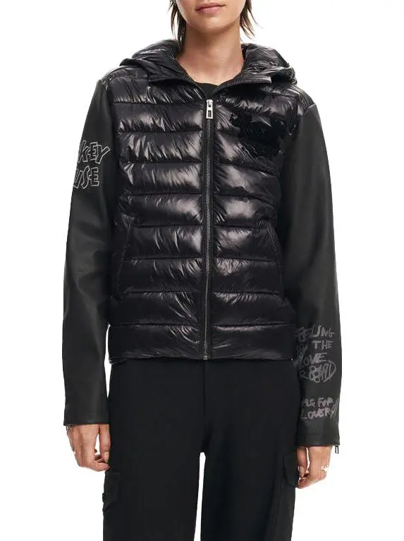 Desigual Mickey Mouse Mixed Media Puffer Coat - Black
