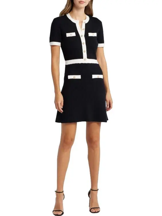 QUINCY MAE Contrast Button Ribbed Minidress - Black White