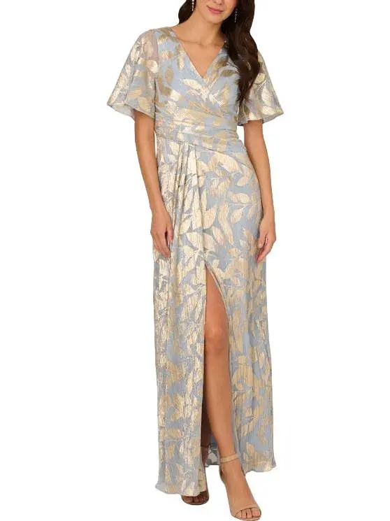 Adrianna Papell Metallic Leaf Jacquard Draped Gown - Light Blue/gold