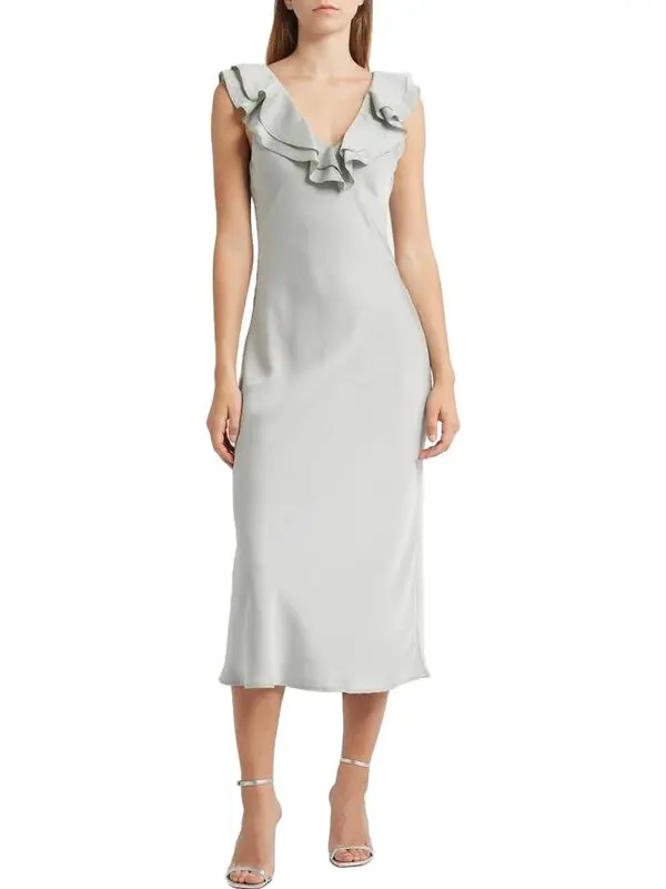 WAYF Lida Ruffle Satin Midi Dress - Pale Sage