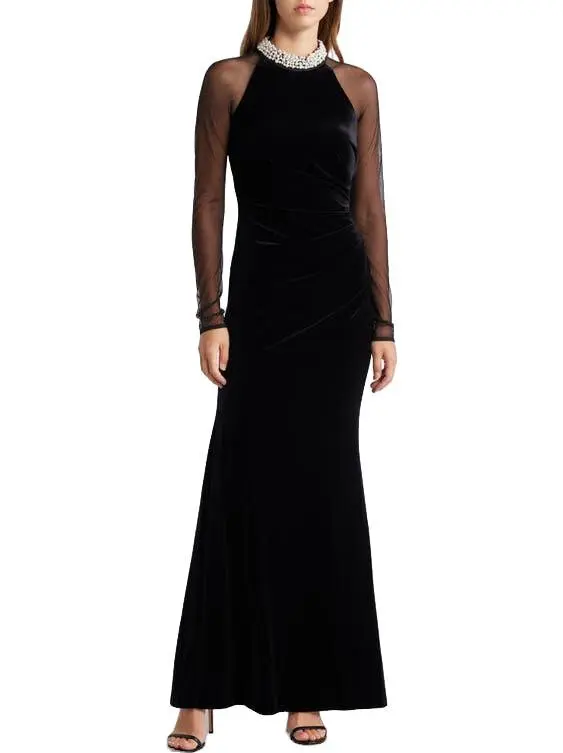 Eliza J Embellished Velvet Gown - Black