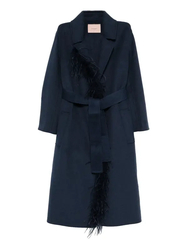 TWINSET Feather-trim Wool-blend Coat - Blue
