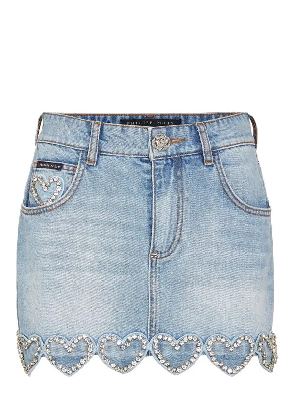 Philipp Plein Heart-embellished Denim Skirt - Blue