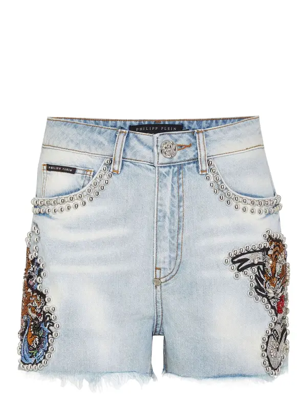 Philipp Plein Tattoo Stud-embellished Denim Shorts - Blue
