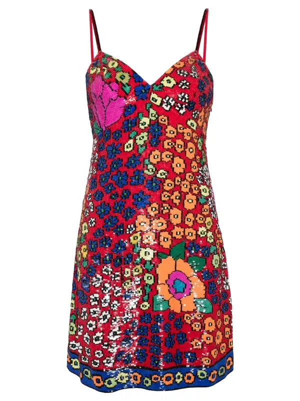 Ashish Sequin Floral-pattern Dress - Red