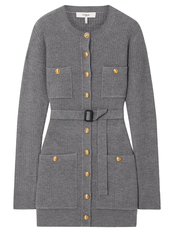 Chloé Belted Ribbed Wool-blend Mini Dress - Gray