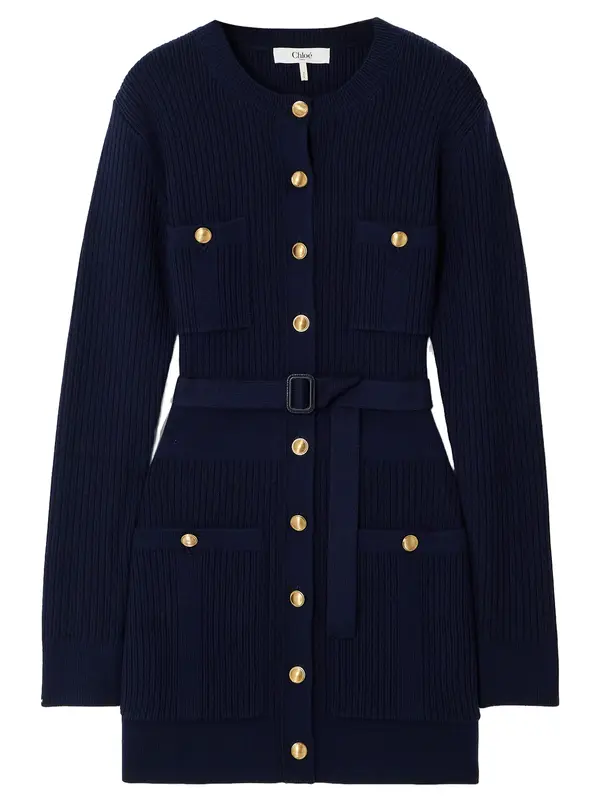 Chloé Belted Ribbed Wool-blend Mini Dress - Blue