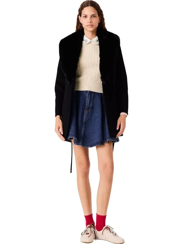 Maje Double-faced Mid-length Coat With Removable Fur Collar - Black