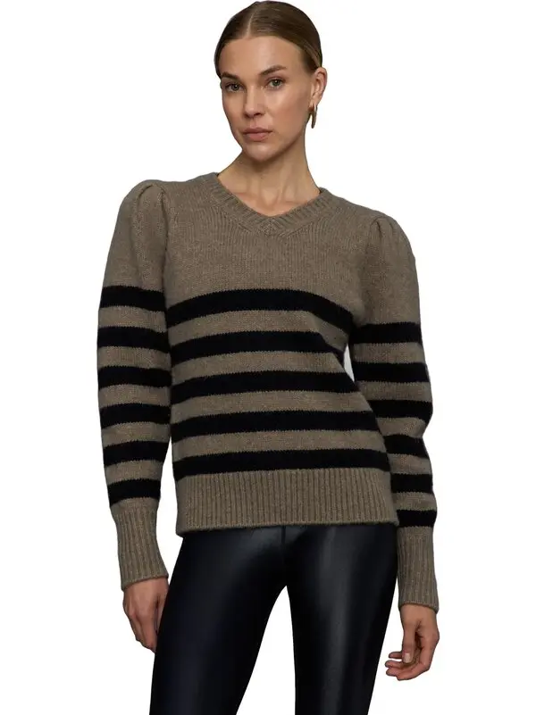Carbon38 Striped Puff Sleeve Sweater - Stone/black