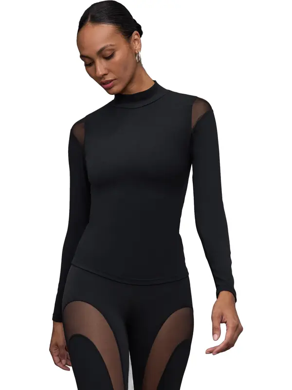 Carbon38 Sheer Spliced Mock Neck Top - Black