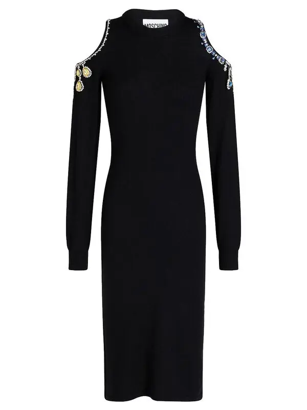 Moschino Cold-shoulder Crystal-embellished Wool Dress - Black