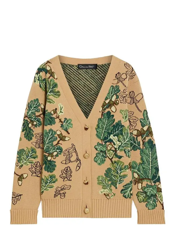 Oscar De La Renta Jacquard-knit Cotton-blend Cardigan - Sand
