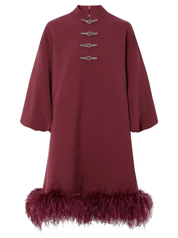 Huishan Zhang Meiling Feather-trimmed Mini Dress - Burgundy