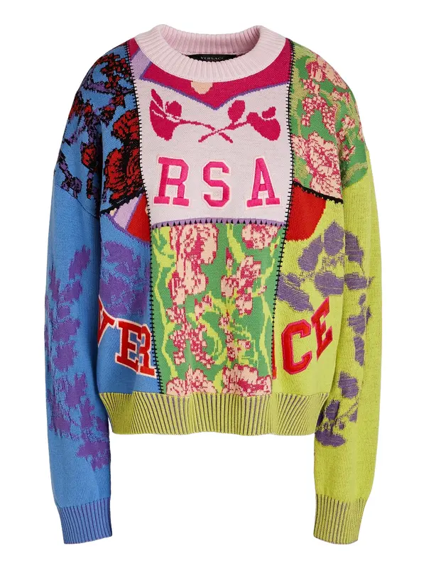 Versace Patchwork-effect Wool And Cotton-blend Sweater - Baby Pink
