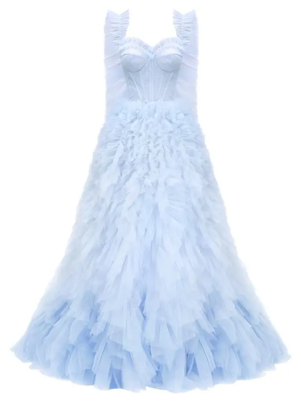 MILLA Tulle Maxi Gown With Ruffled Straps - Light Blue