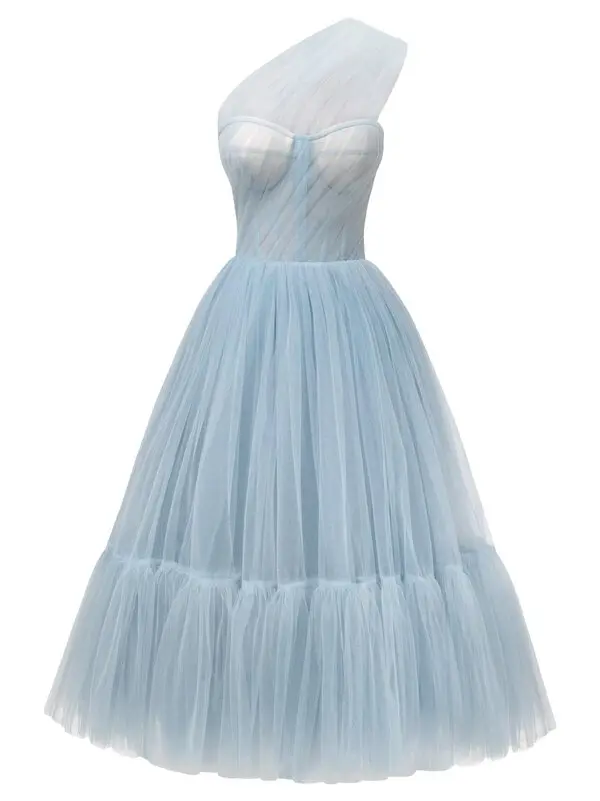 MILLA One-shoulder Tulle A-line Midi Dress - Light Blue