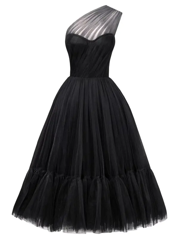 MILLA One-shoulder A-line Midi Tulle Dress - Black