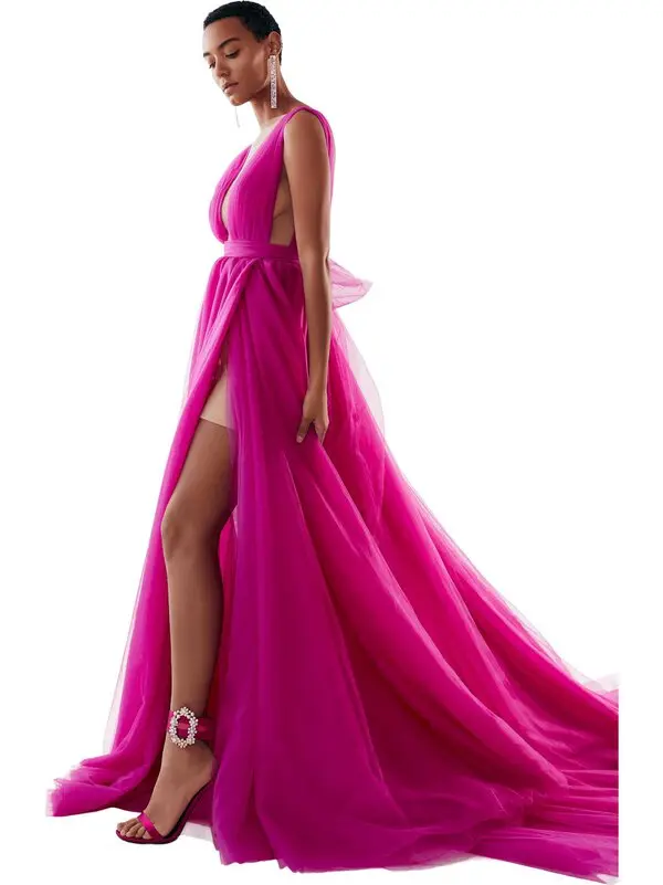 MILLA Bow-back Maxi Evening Tulle Gown - Fuchsia