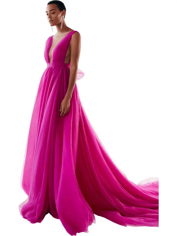 MILLA Bow-back Maxi Evening Tulle Gown - Fuchsia