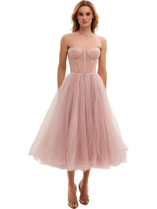 MILLA Strapless Midi Tulle Dress - Misty Rose