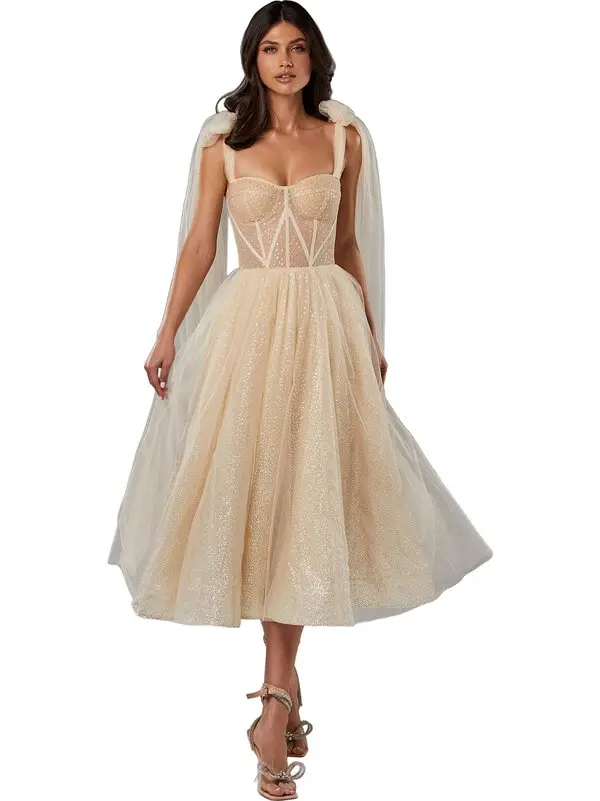 MILLA Sparkly Midi Tulle Dress - Melon