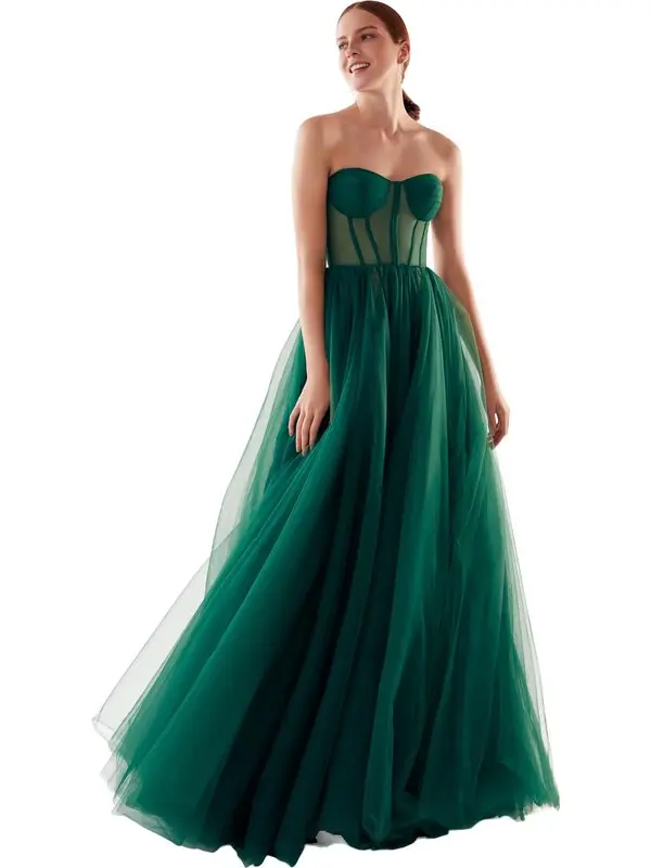 MILLA Tulle Strapless Maxi Gown With Corset Bustier - Emerald Green