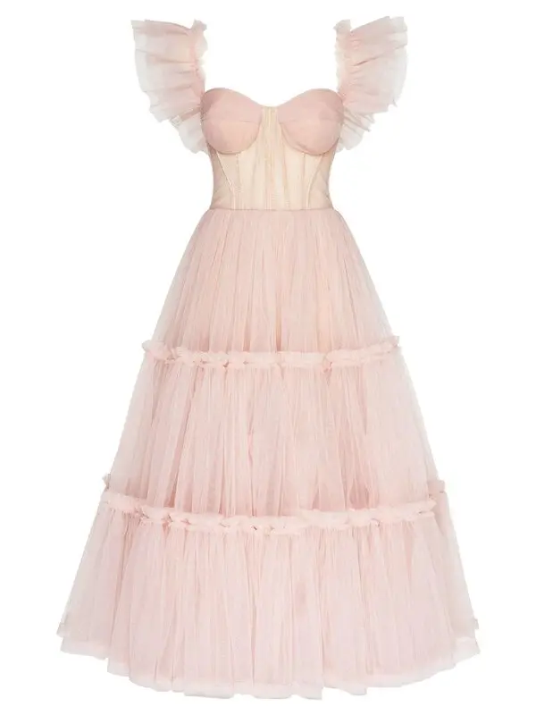 MILLA Ruffled Tulle Midi Dress - Misty Rose