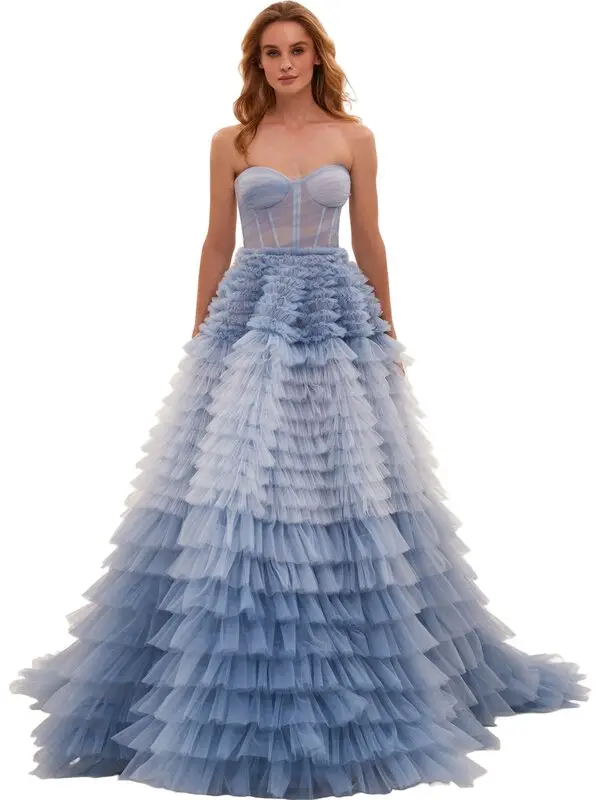 MILLA Strapless Frill-layered Tulle Gown - Light Blue