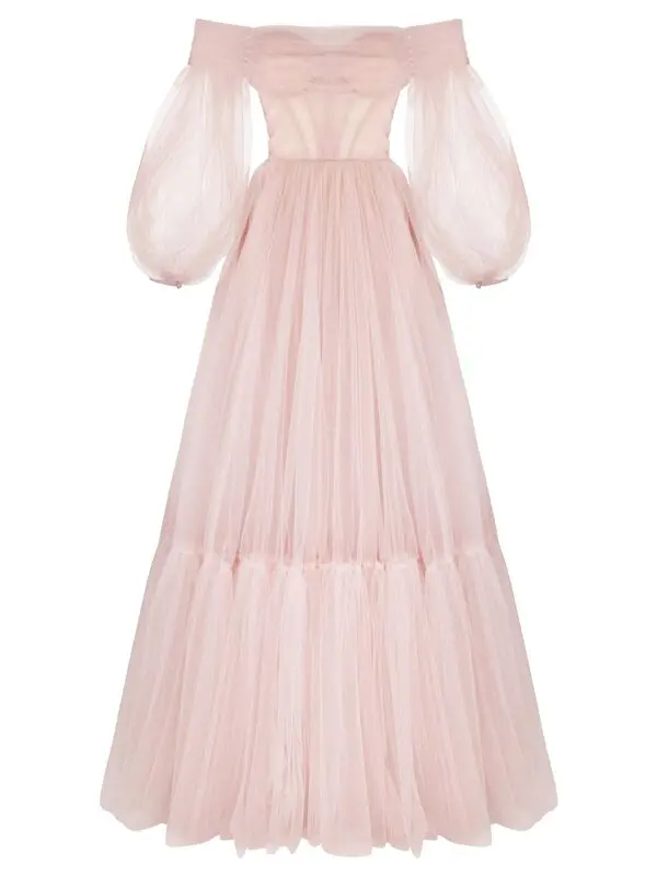 MILLA Sheer Sleeves Maxi Tulle Gown - Misty Rose