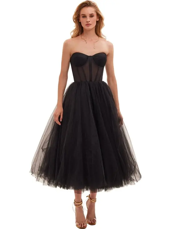 MILLA Strapless Tulle Midi Dress - Black