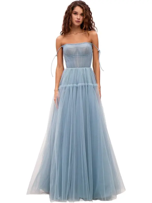 MILLA Tie-straps Tulle Gown - Ocean Wave