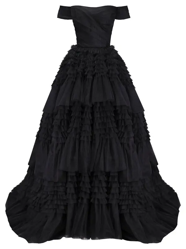 MILLA Off-the-shoulder Frill-layered Gown - Black