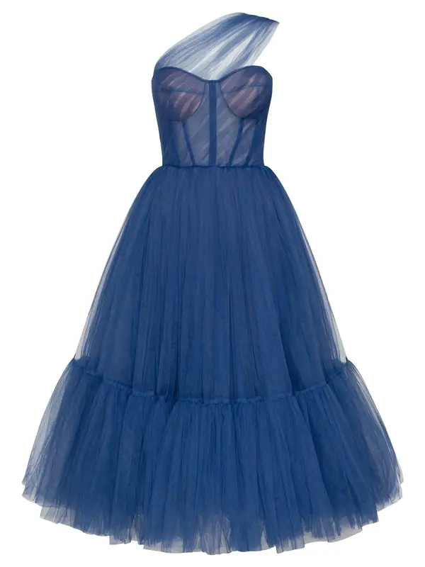 MILLA One-shoulder A-line Tulle Midi Dress - Blue