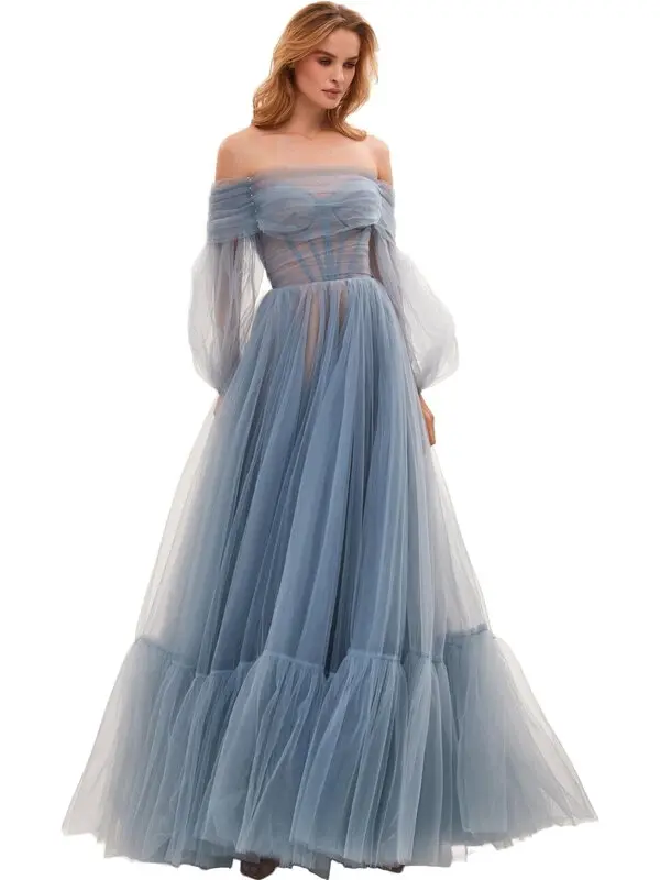 MILLA Sheer Sleeves Tulle Maxi Gown - Ocean Wave