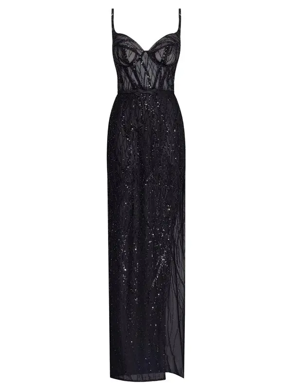 MILLA Sequin Embellished Spaghetti Strap Maxi Gown - Black