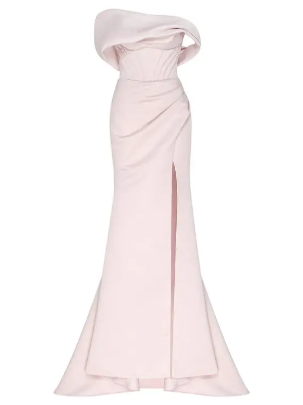 MILLA Strapless Atlas Gown With Thigh Slit - Misty Rose