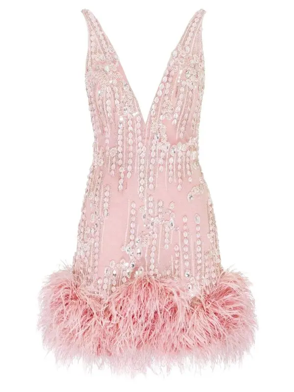 MILLA Crystals Embellished Mini Dress With Feathers - Misty Rose