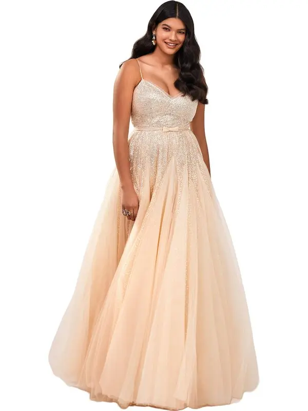 MILLA Fitted Glittered Tulle Maxi Gown - Melon