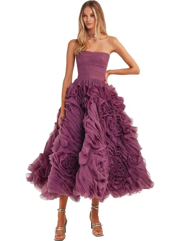 MILLA Dramatically Flowered Tulle Dress - Wine